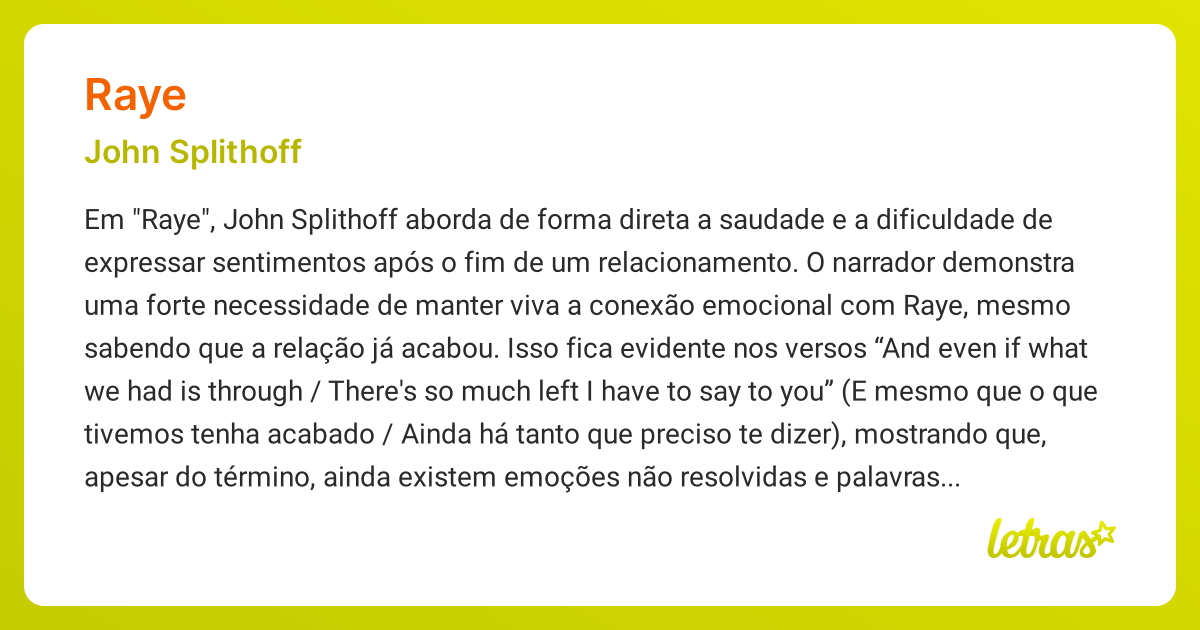 Significado da música RAYE (John Splithoff) - LETRAS.MUS.BR
