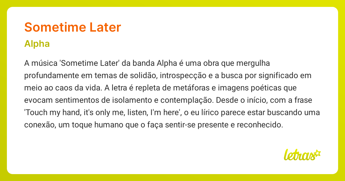 Significado da música SOMETIME LATER (Alpha) - LETRAS.MUS.BR