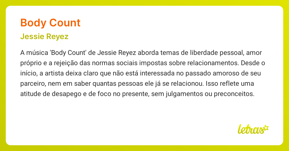 Significado da música BODY COUNT (Jessie Reyez) - LETRAS.MUS.BR