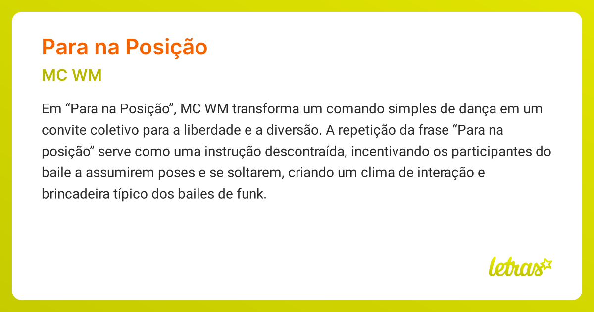 Significado da música PARA NA POSIÇÃO (MC WM) - LETRAS.MUS.BR
