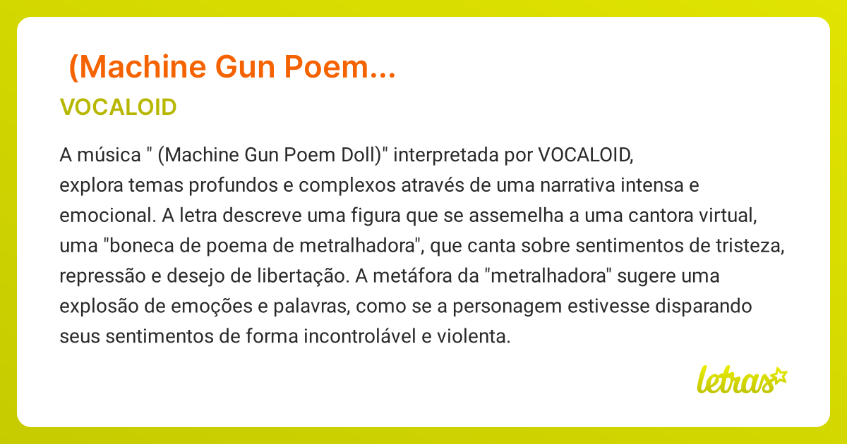 Significado da música マシンガンポエムドール (Machine Gun Poem Doll) (VOCALOID ...