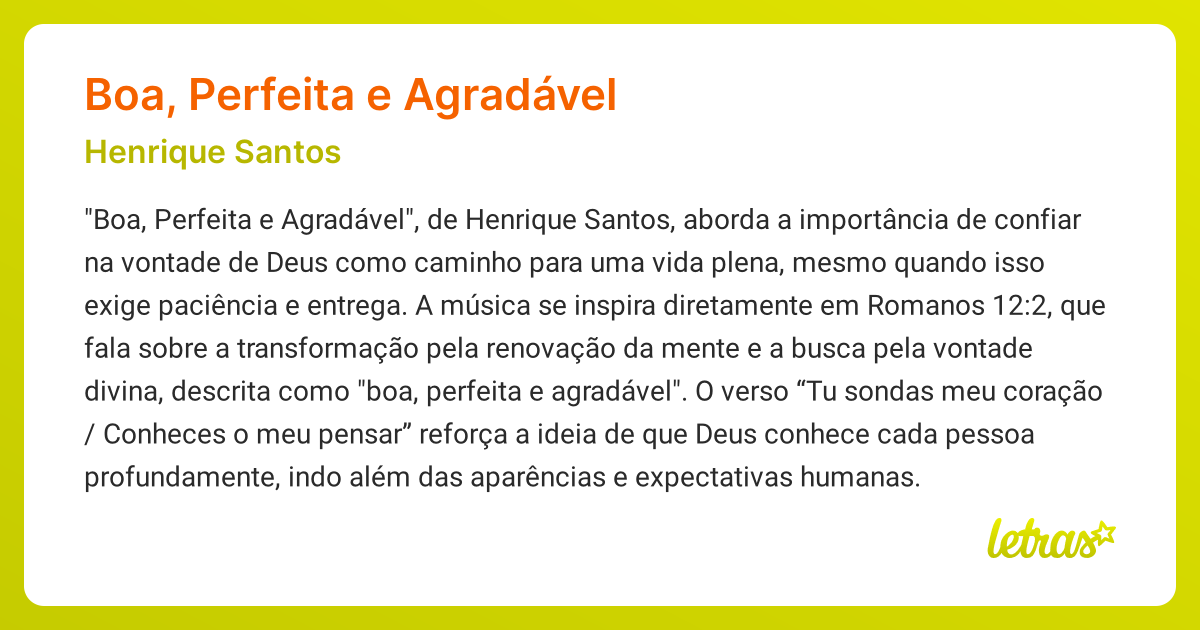 Significado da música BOA, PERFEITA E AGRADÁVEL (Henrique Santos ...