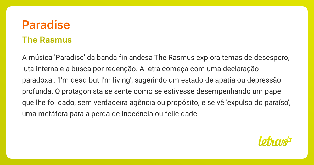 Significado da música PARADISE (The Rasmus) - LETRAS.MUS.BR