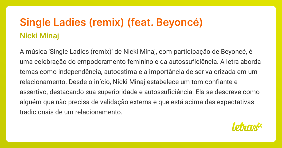 Significado da música Single Ladies (remix) (feat. Beyoncé) (Nicki ...