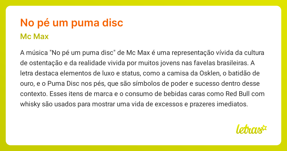 Significado da música NO PÉ UM PUMA DISC (Mc Max) - LETRAS.MUS.BR