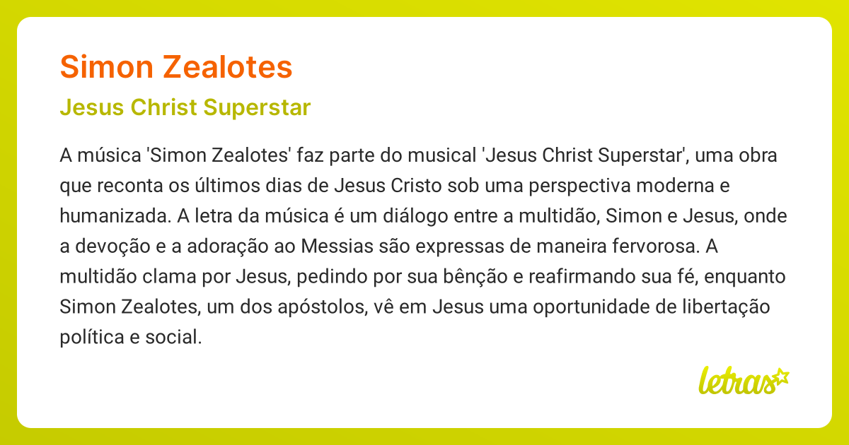 Significado da música SIMON ZEALOTES (Jesus Christ Superstar) - LETRAS ...