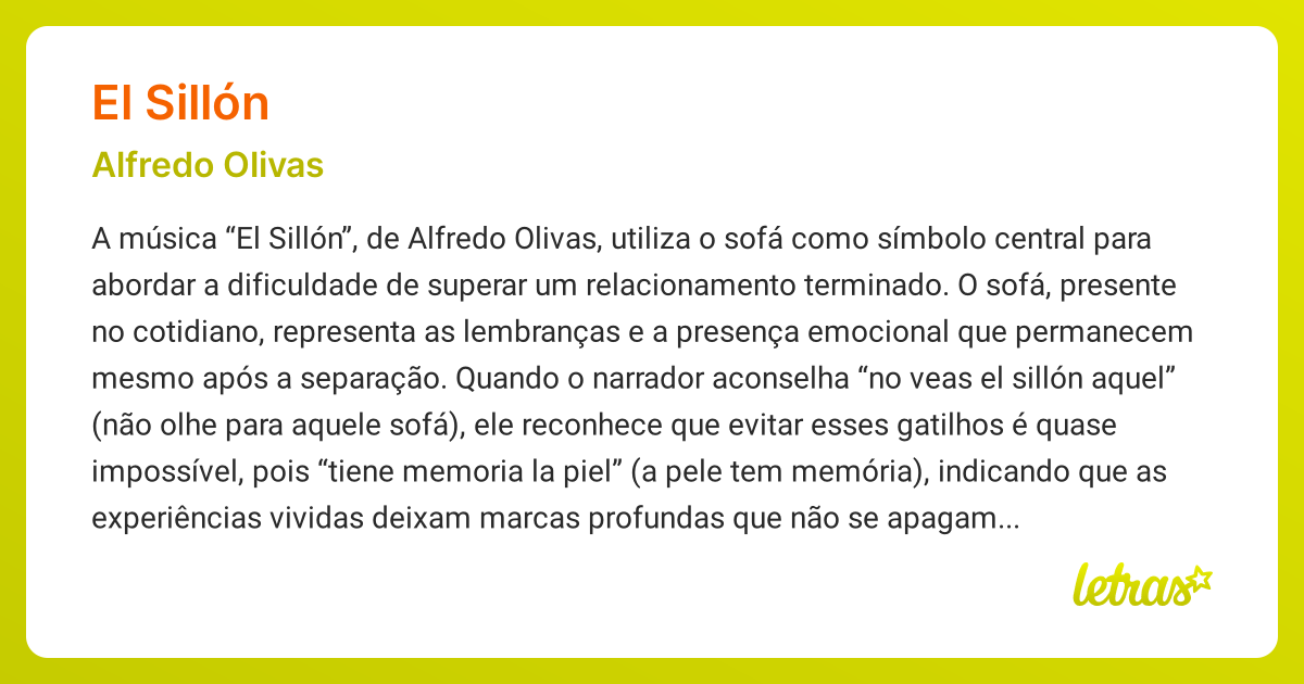 Significado da música EL SILLÓN (Alfredo Olivas) - LETRAS.MUS.BR