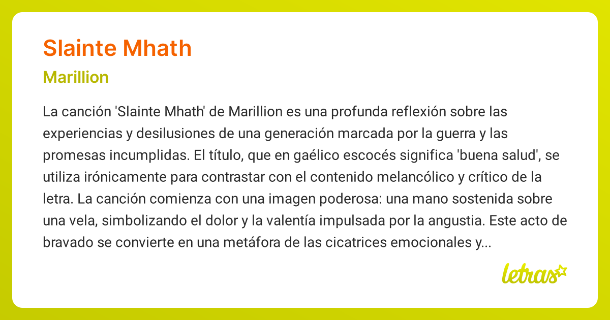 Significado de la canción SLAINTE MHATH (Marillion) - LETRAS.COM