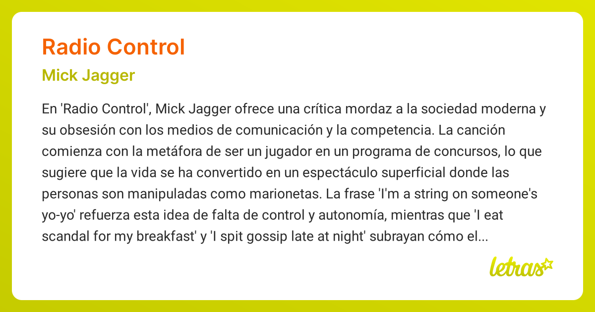 Significado de la canción RADIO CONTROL (Mick Jagger) - LETRAS.COM