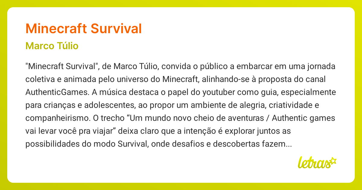 Significado da música MINECRAFT SURVIVAL (Marco Túlio) - LETRAS.MUS.BR