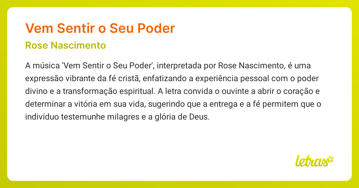 Significado da música VEM SENTIR O SEU PODER (Rose Nascimento) - LETRAS ...