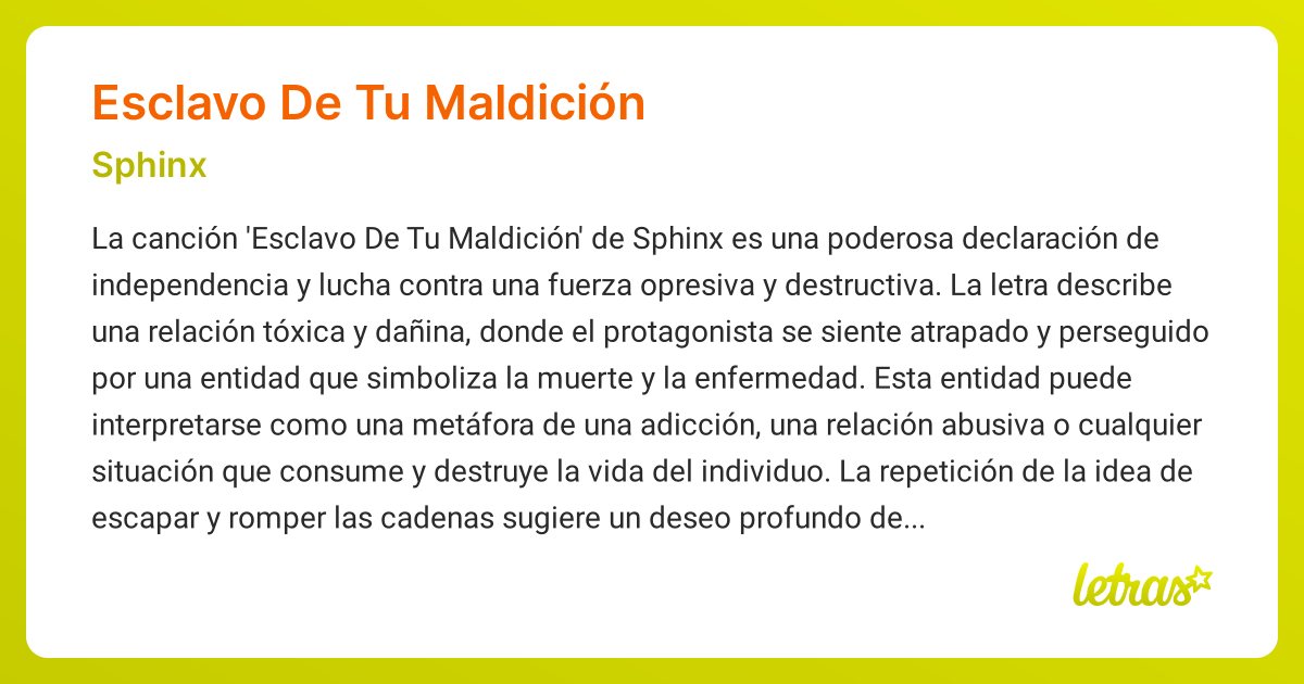 Significado de la canción ESCLAVO DE TU MALDICIÓN (Sphinx) - LETRAS.COM