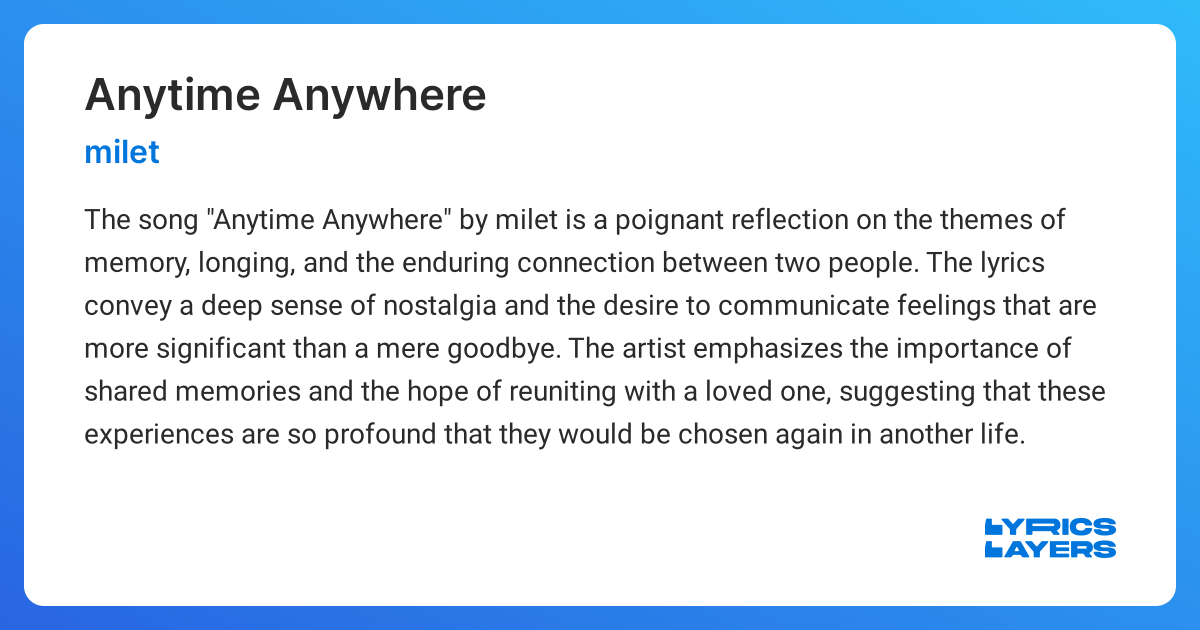 ANYTIME ANYWHERE (Lyrics in English) - milet