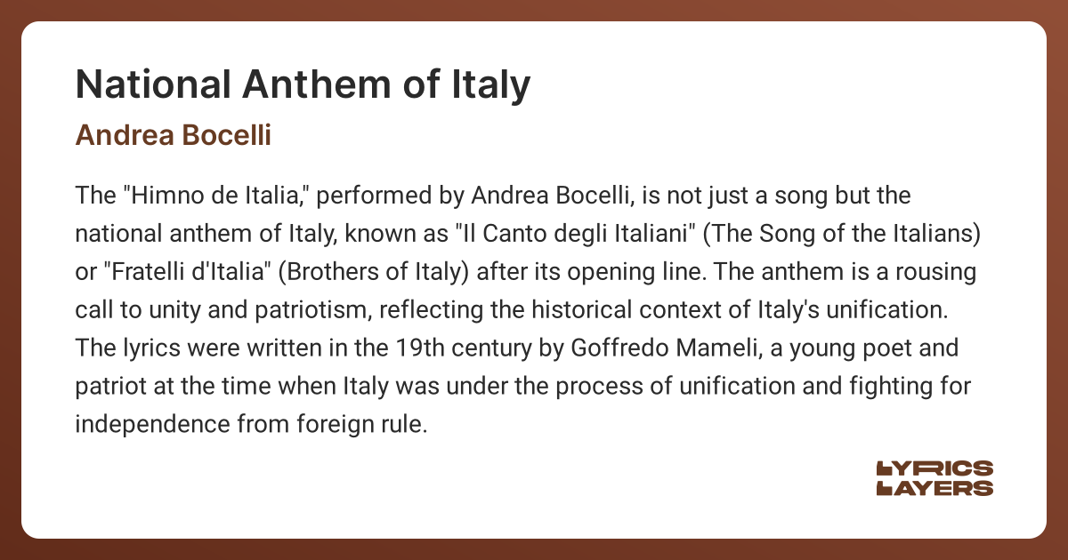 NATIONAL ANTHEM OF ITALY - Andrea Bocelli - LYRICSLAYERS.COM
