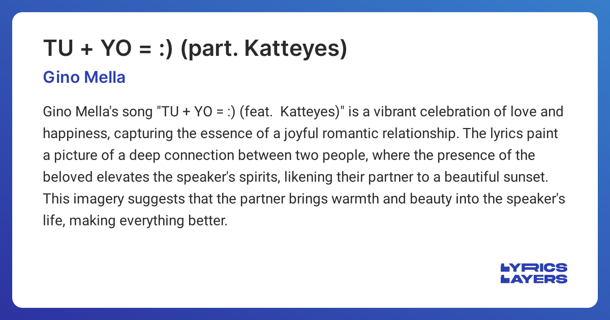 TU + YO = :) (PART. KATTEYES): Nederlandse vertaling van Gino Mella