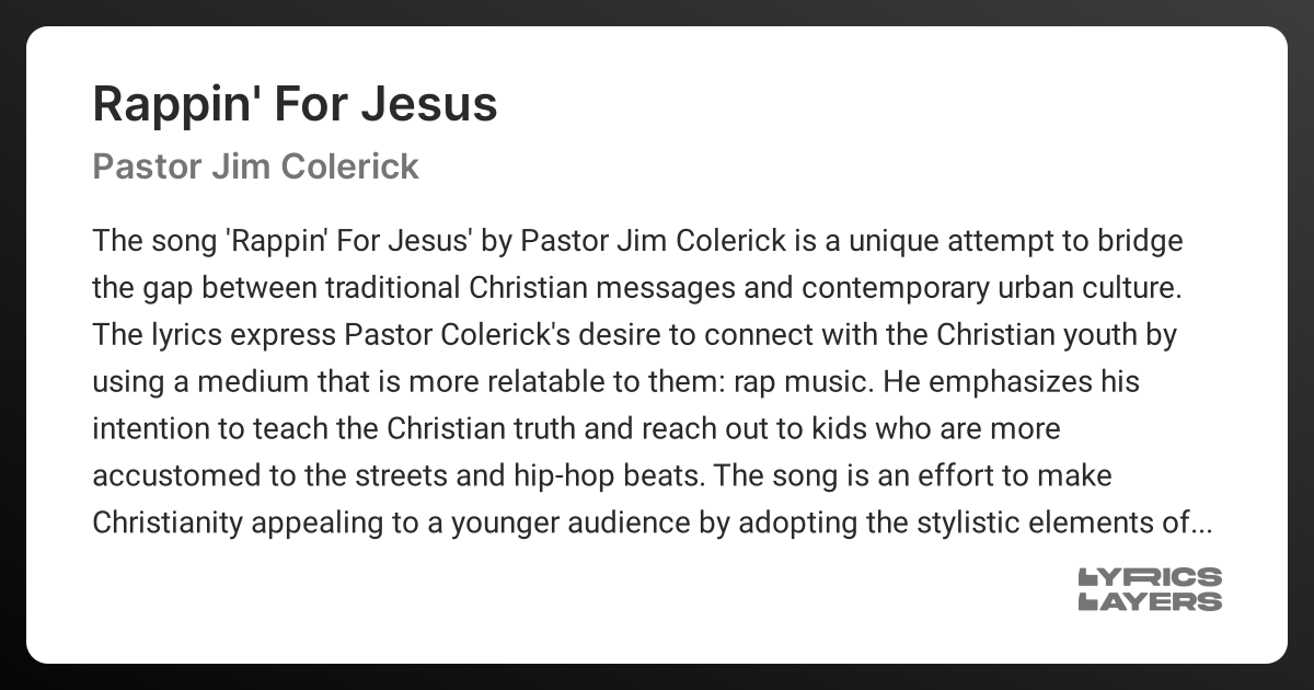 Meaning of RAPPIN' FOR JESUS (Pastor Jim Colerick)