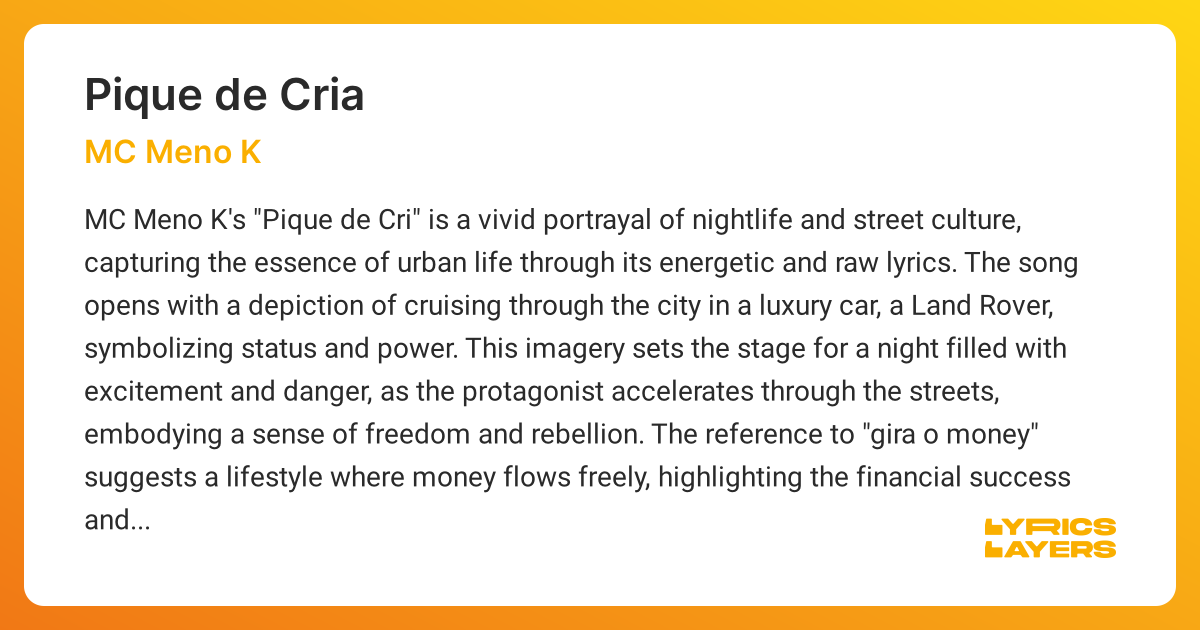 PIQUE DE CRI (Lyrics in English) - MC Meno K